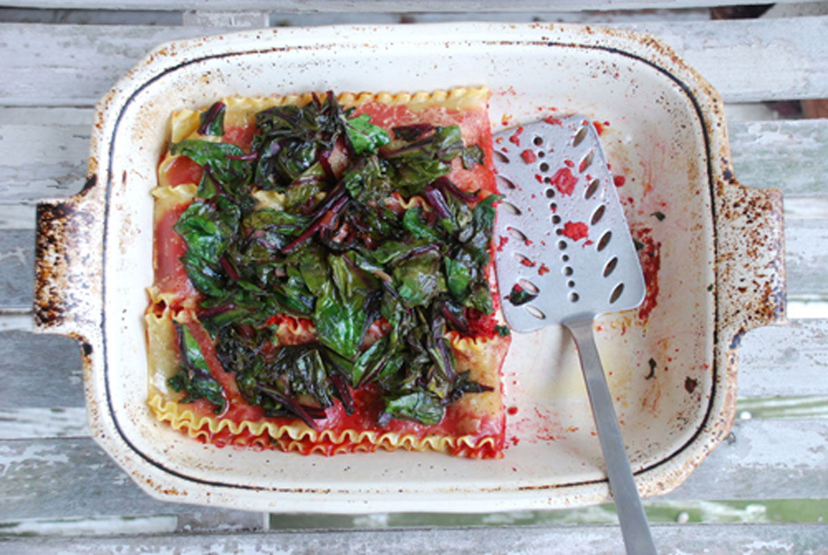 Roasted Beet Lasagne with Balsamic Beet Greens