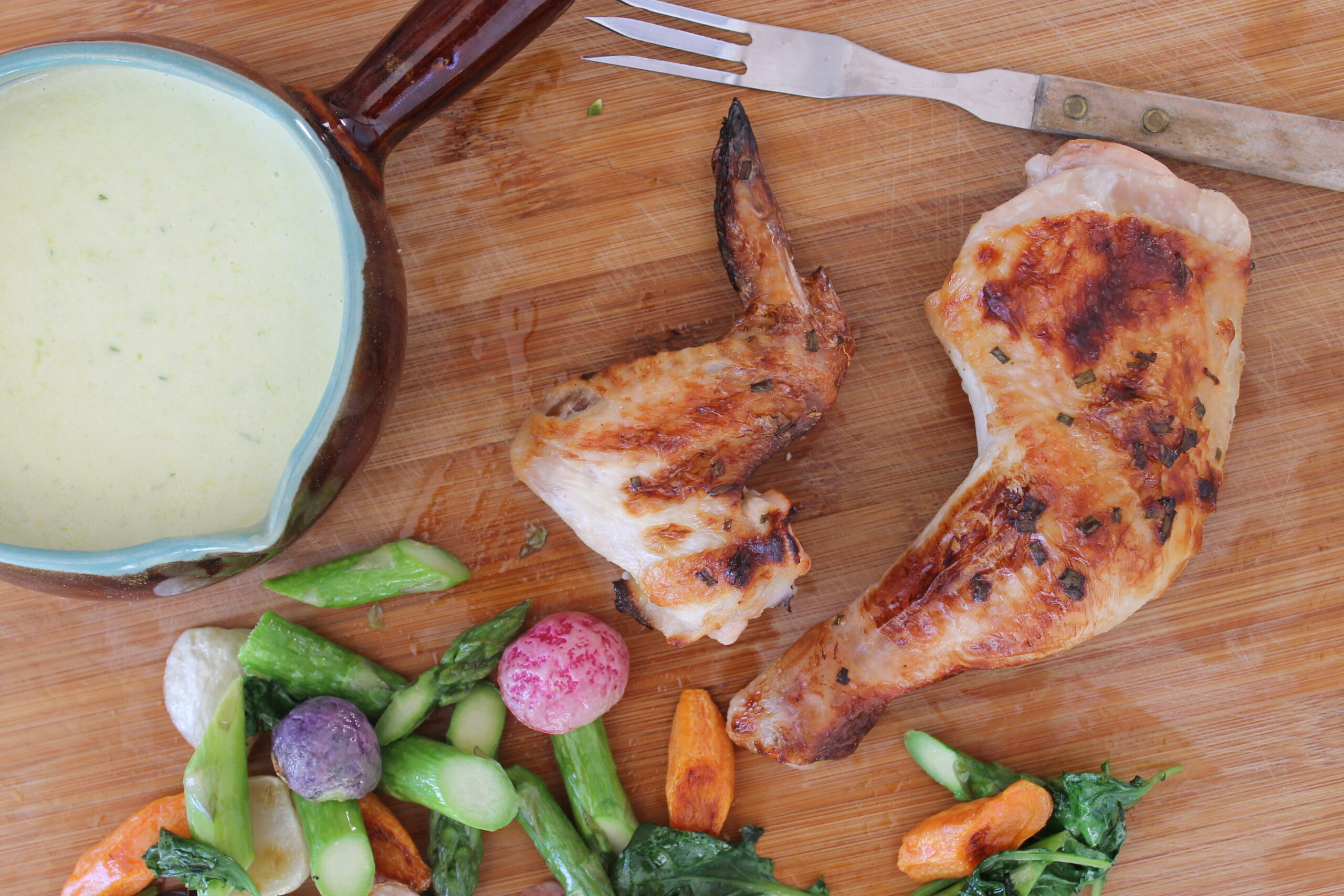 Roasted Buttermilk Chicken With Roasted Spring Vegetables & Ramp Soubise