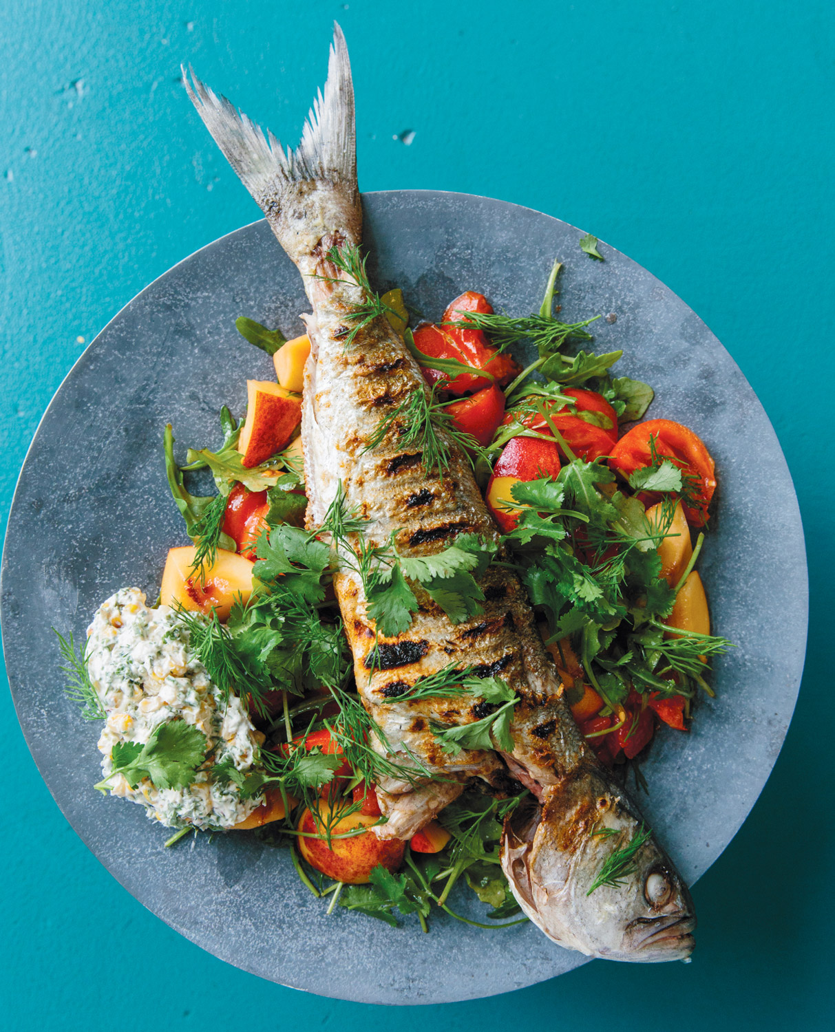 Grilled Whole Bluefish with Charred Corn & Yogurt Dressing and Peach ...