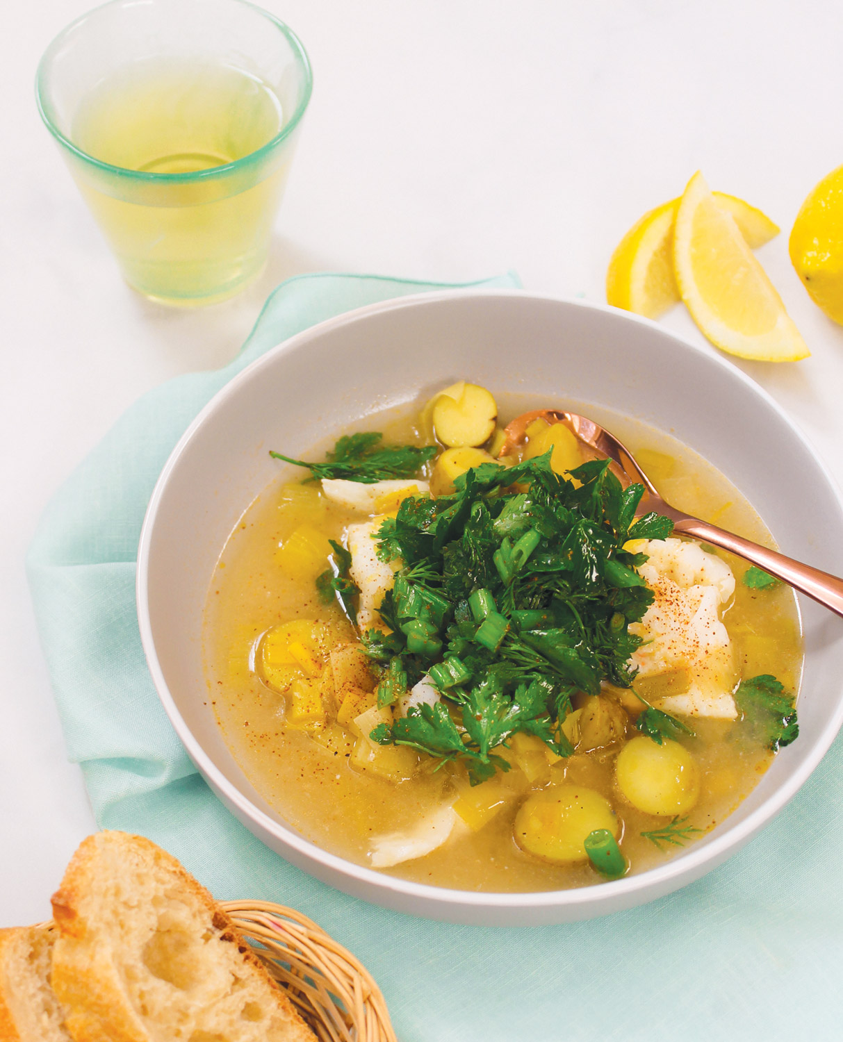 Leek and Fish Stew with Herb Salad